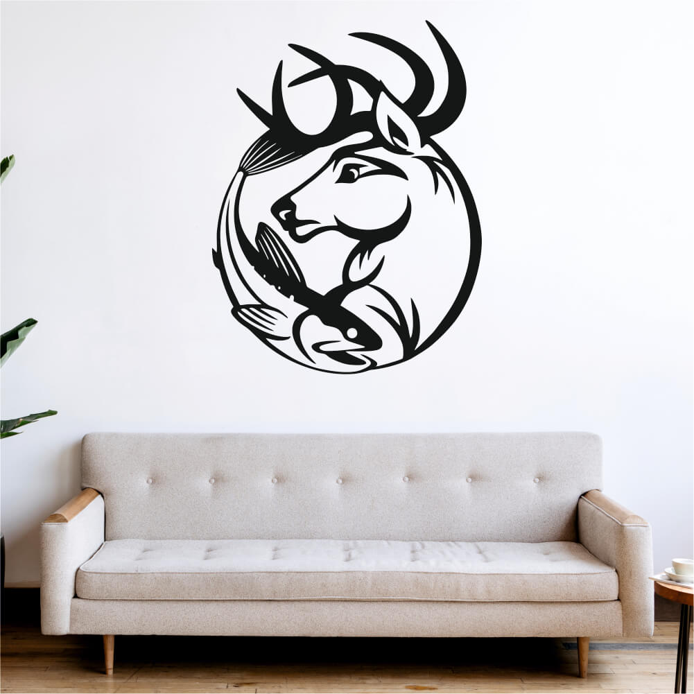 Sticker perete siluetă - Cerb cu Pește - Circular • WallSign