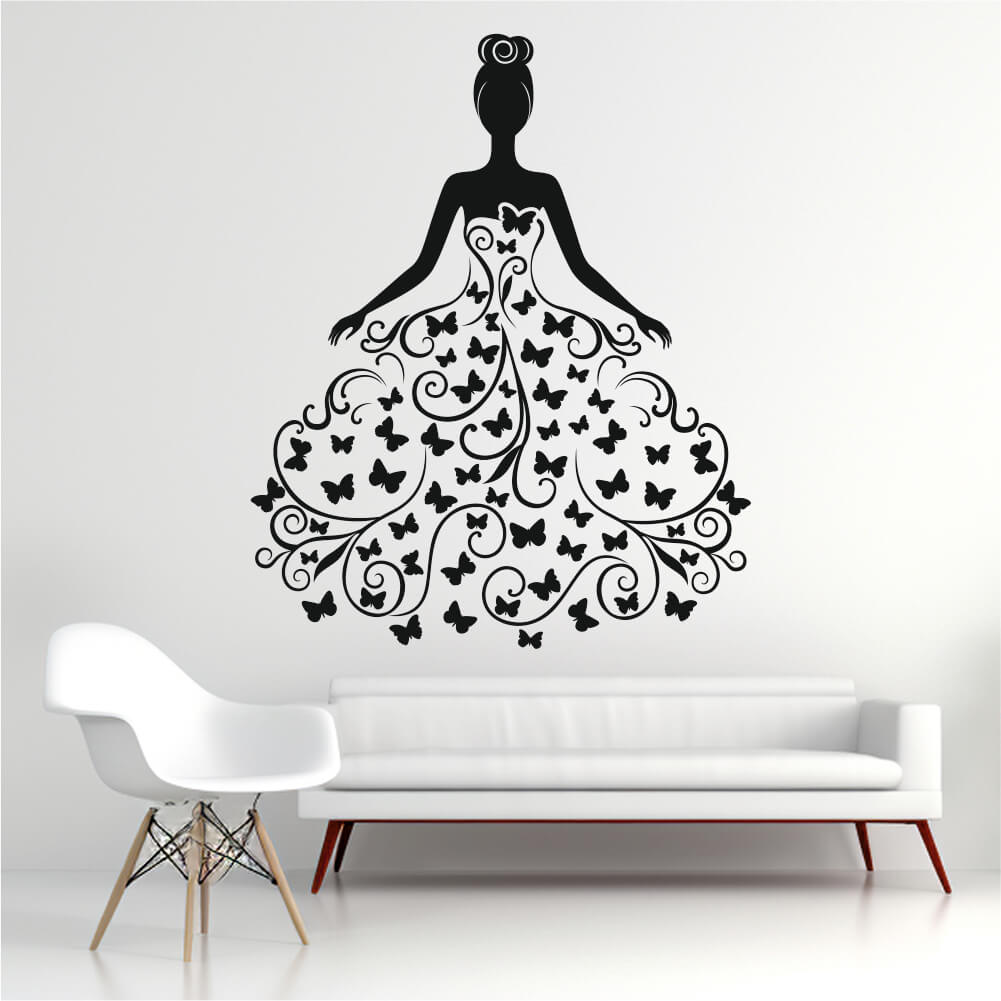 Sticker perete siluetă - Fată în rochie cu fluturi • WallSign