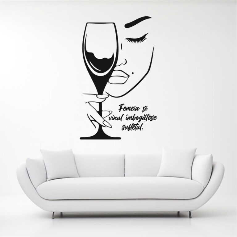Sticker perete siluetă - Pahar vin cu chip Femeie - Citat • WallSign